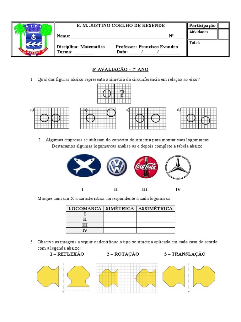 5 Ava - 7º Ano - SIMETRIA | PDF