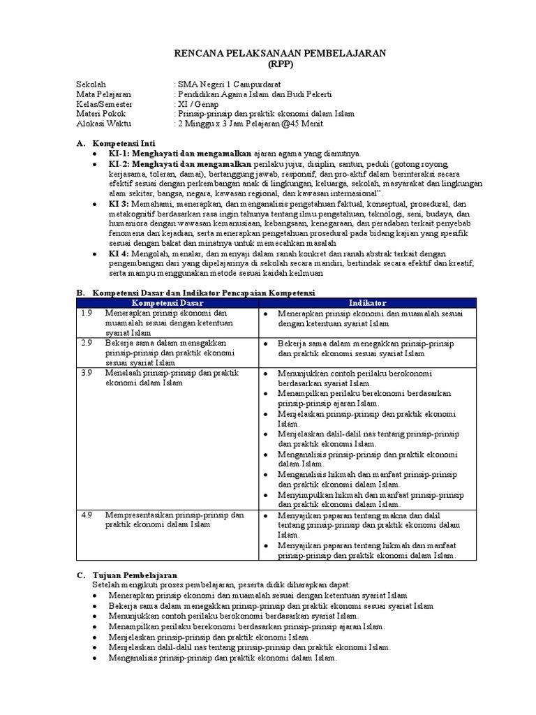 RPP Bab Prinsip-Prinsip Dan Praktik Ekonomi Dalam Islam | PDF