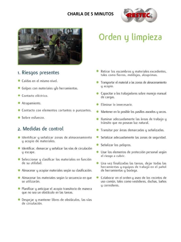 Charla de 5 Minutos - Orden y Limpieza Restec | PDF