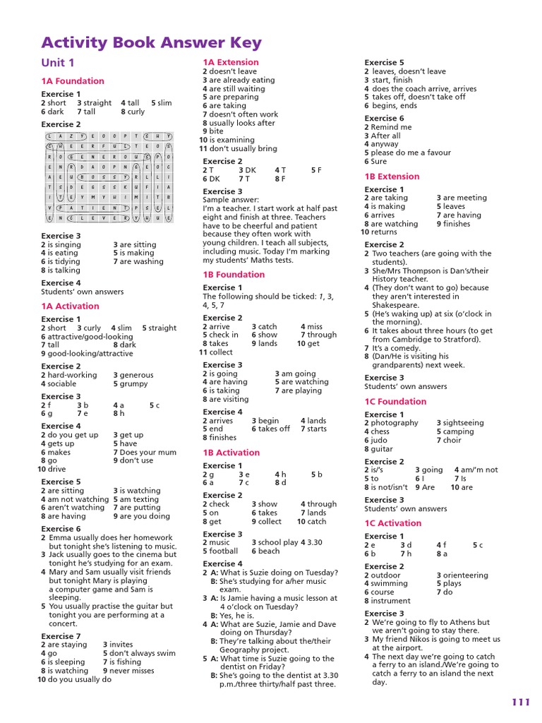 Activity Book Answer Key Unit 1 | PDF