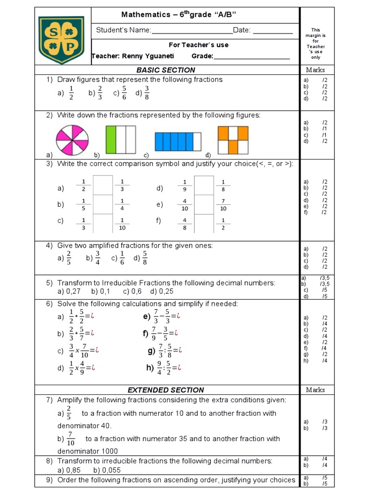 6th Grade Test | PDF | Division (Mathematics) | Numbers