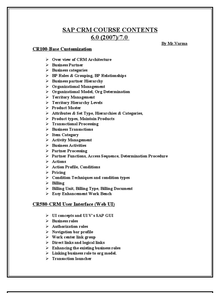 Sap Crm Course Contents 6 0 2007 7 0 Cr100 Base Customization Pdf