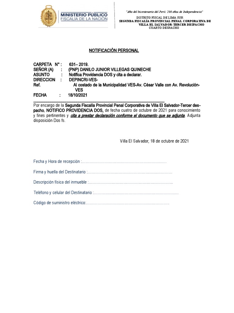 Notificación Personal PNP Danilo Junior 631-2021 | PDF