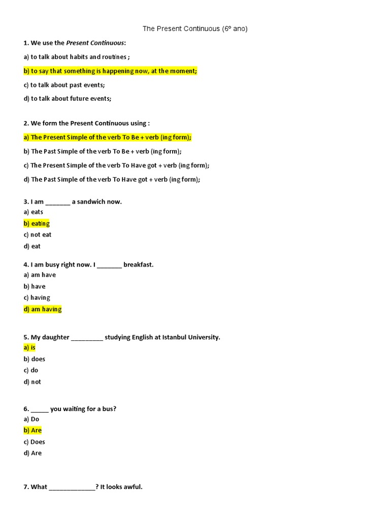Present Continuous - Kahoot 2 | PDF