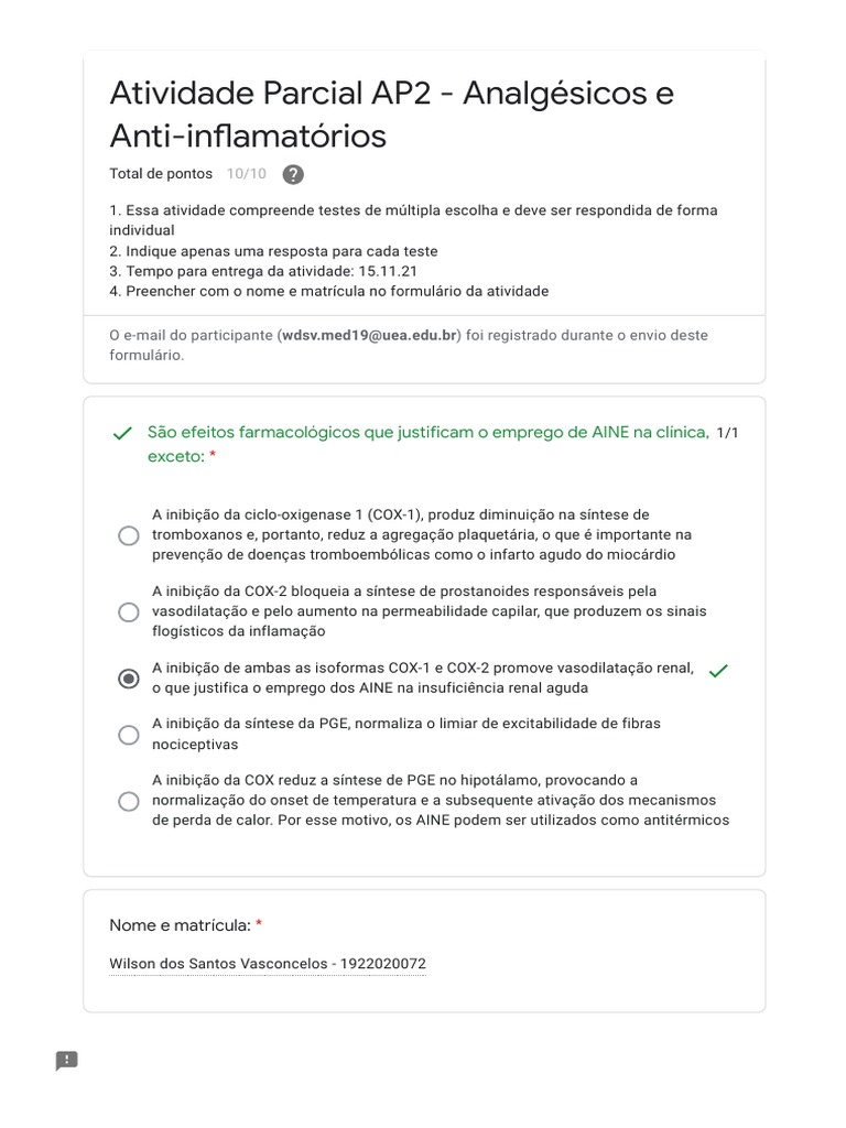 1 - Atividade Parcial AP2 - Analgésicos e Anti-Inflamatórios | PDF | Anti-inflamatório não ...