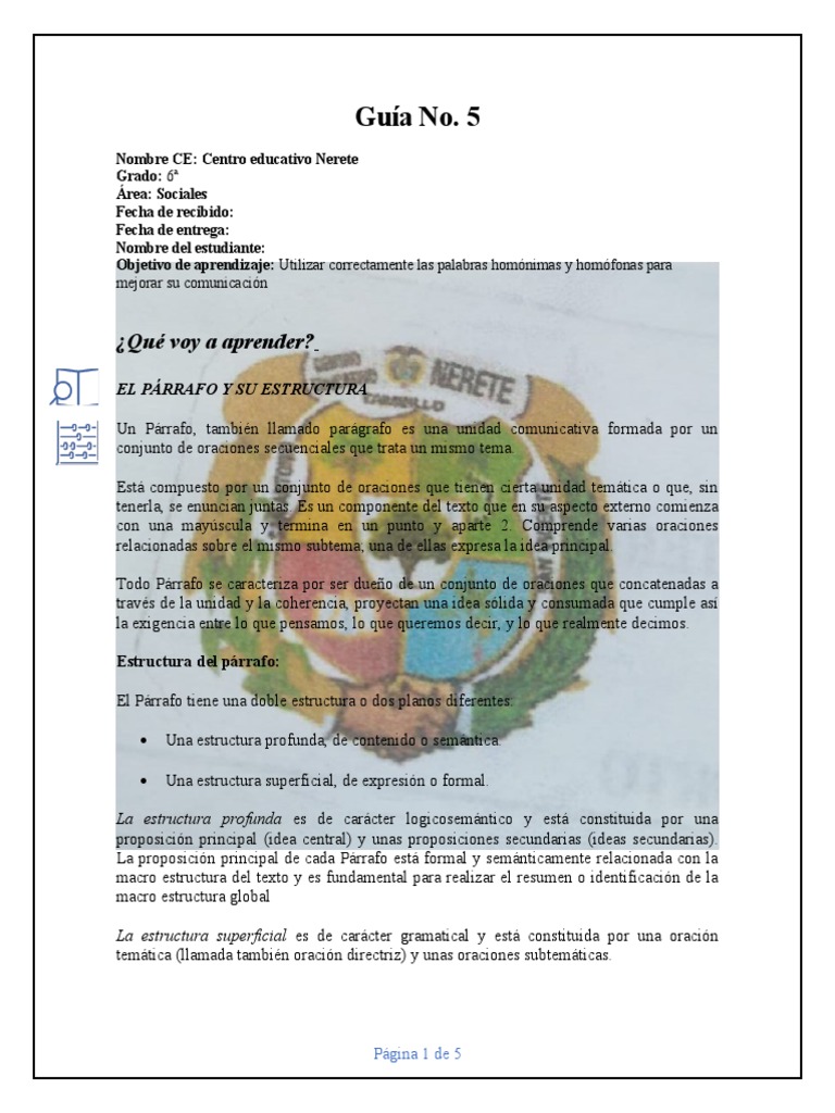 Formato de Guia de Aprendizaje 6° GUIA 5 | PDF | Párrafo | Oración (Lingüística)