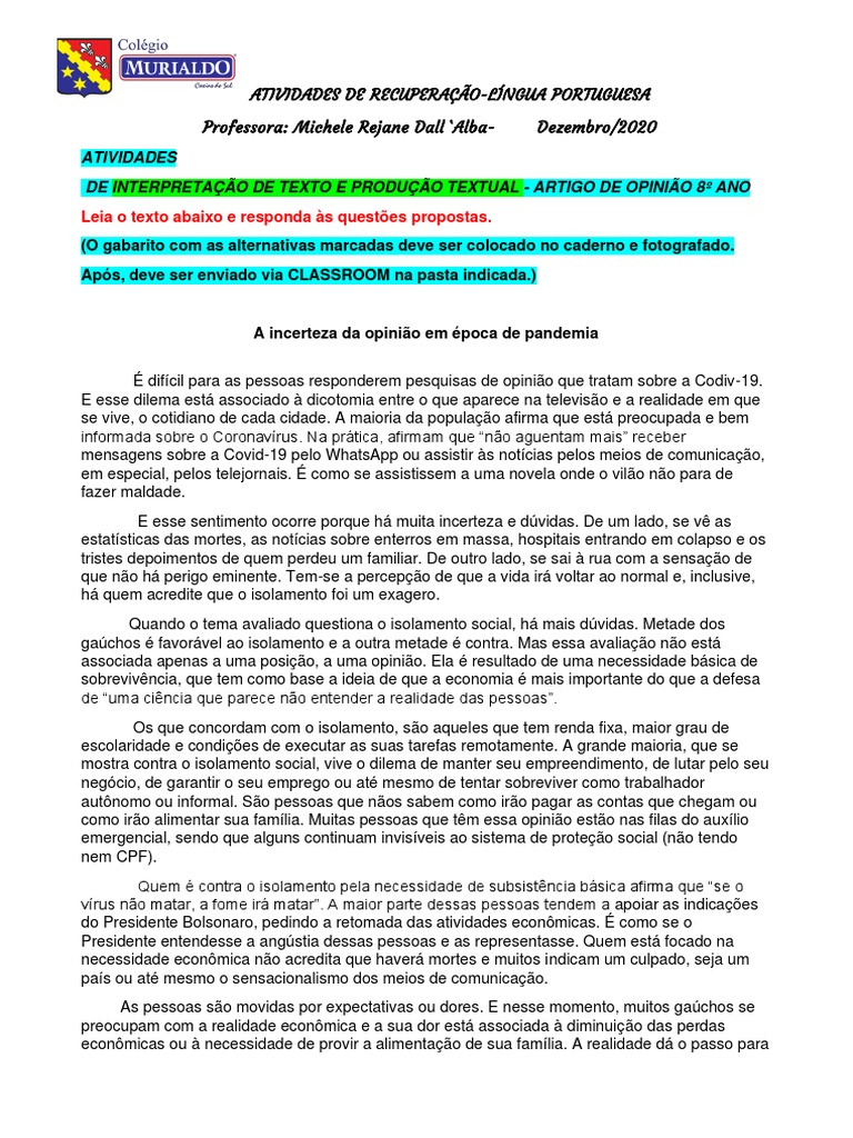 Artgo de Opinião-Atividades | PDF | Economia | Família