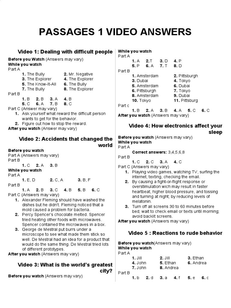 Passages 1 & 2 Videos Answer Key | PDF