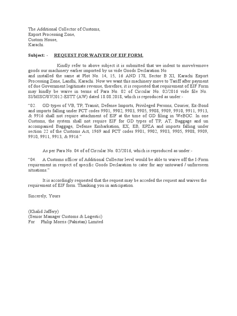 Subject: - Request For Waiver of Eif Form. Kindly Refer To Above ...