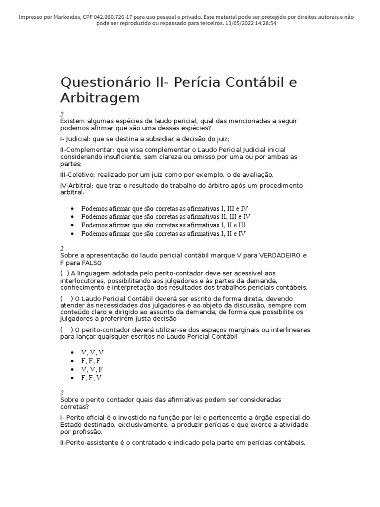 Questionário II - Passei Direto Pericia Contabil | PDF | Contabilidade | Business