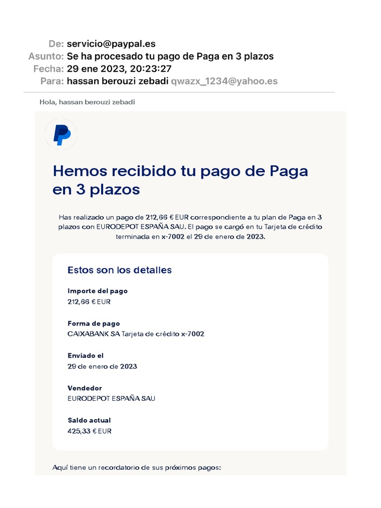 Se Ha Procesado Tu Pago de Paga en 3 Plazos | PDF | Finanzas y dinero