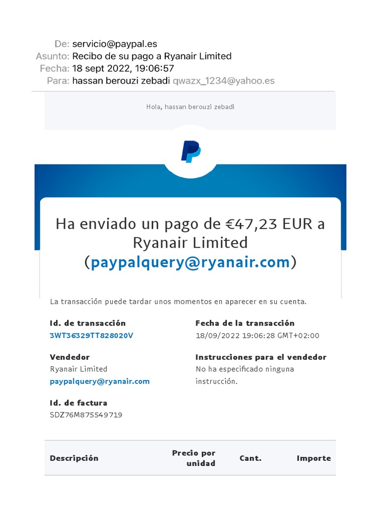 Recibo de Su Pago A Ryanair Limited | PDF