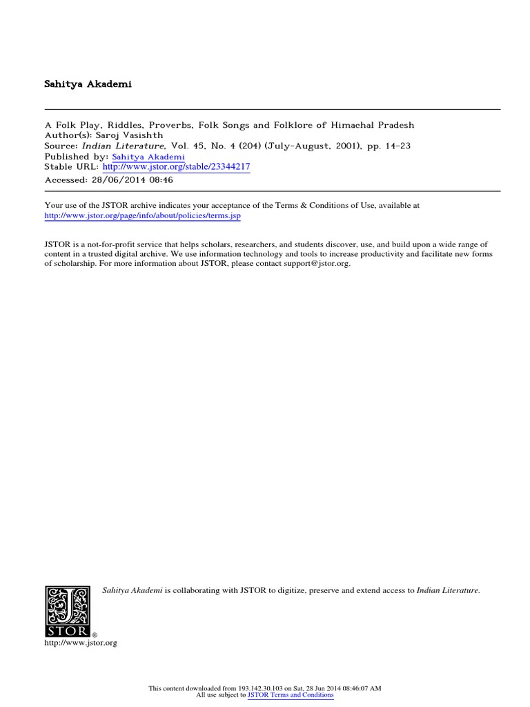 A Folk Play, Riddles, Proverbs, Folk Songs and Folklore of Himachal ...