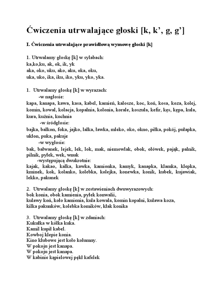 Cwiczenia Utrwalajace - Gloska K I G | PDF