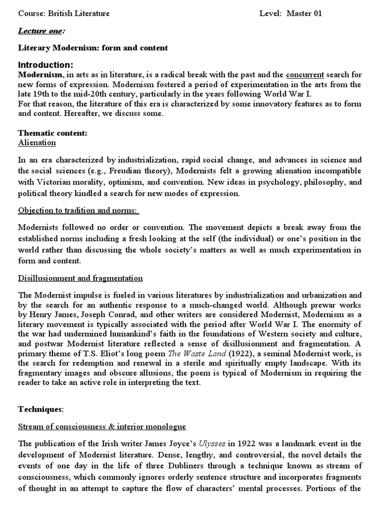 Literary Modernism Form and Content | PDF | Literary Modernism | Narration