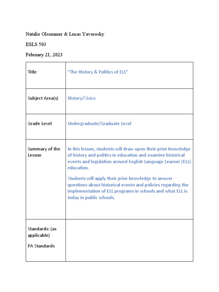 Ell History and Politics Lesson Plan | PDF | Elementary And Secondary ...