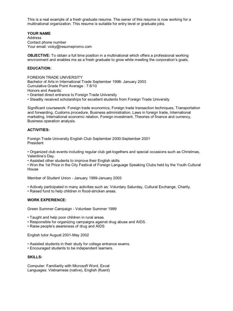Fresh Graduate Resume Example The Writing Guide - Riset