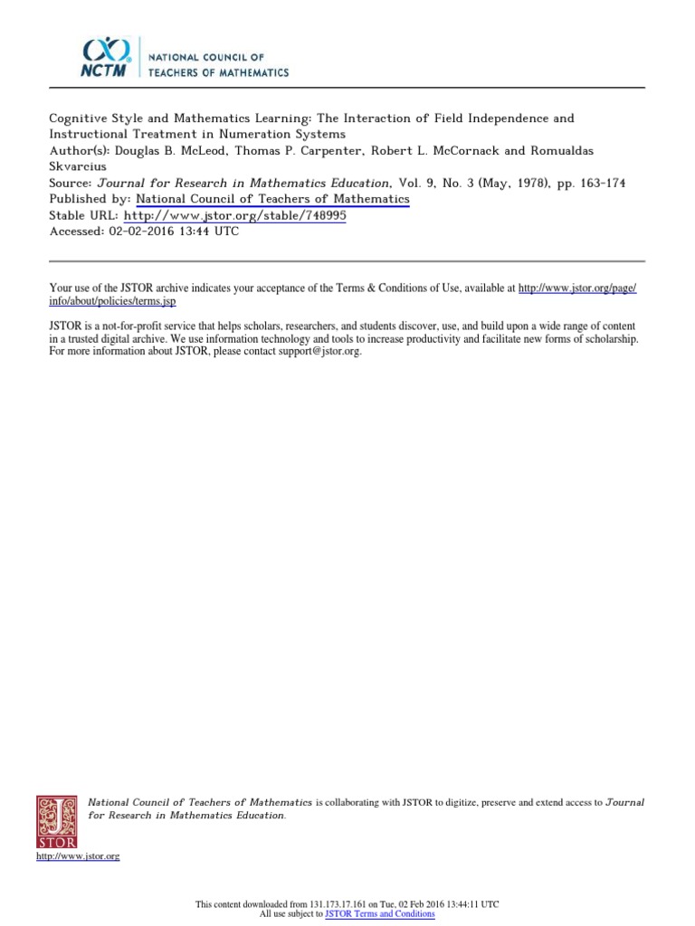Cognitive Style And Mathematics Learning The Interaction Of Field