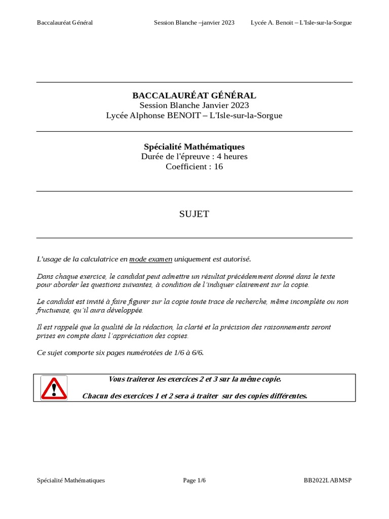 Bac Blanc Maths 2023 - Sujet et Corrigé | PDF | Probabilité | Fonction ...