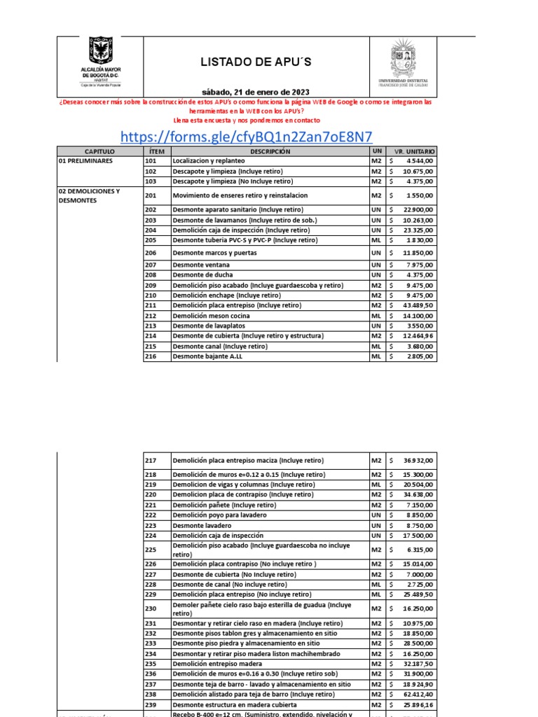Listado de precios unitarios para la construcción y remodelación de una vivienda | PDF ...