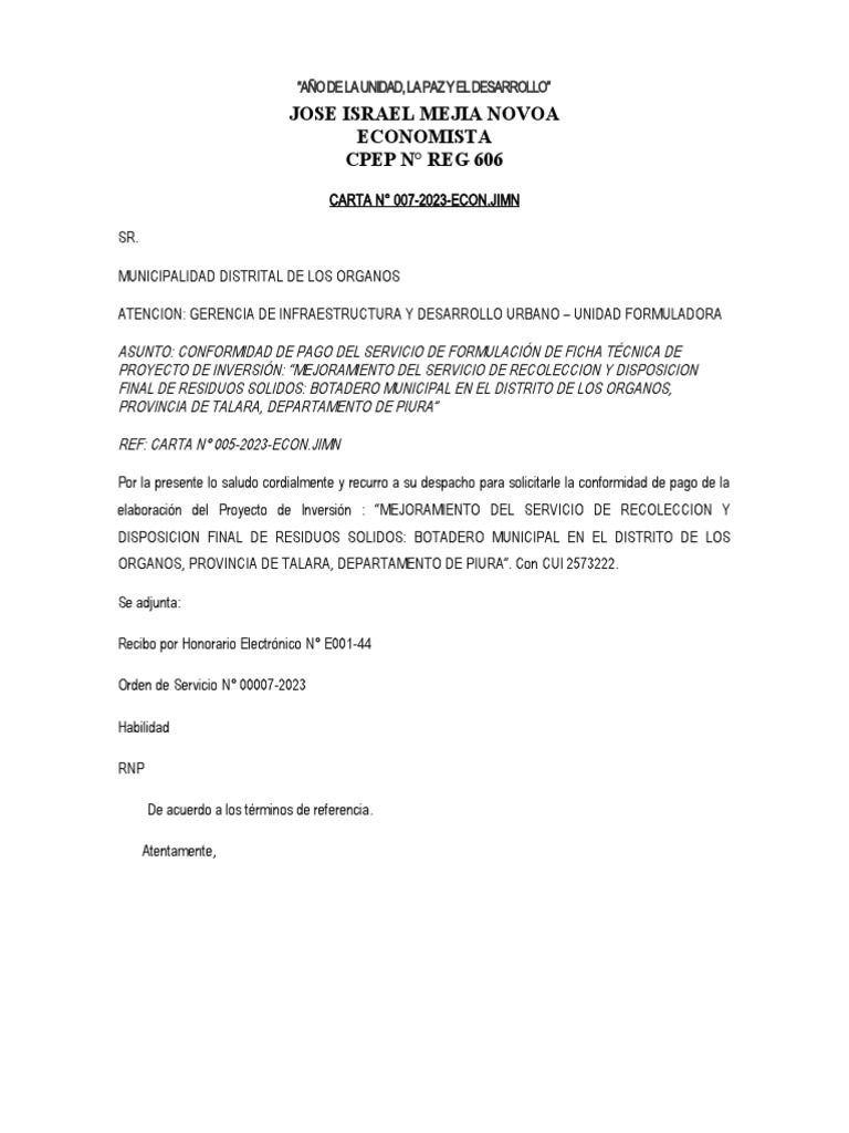 Carta #007-2023 - Conformidad de Pago - Pip Limpieza Publica - Distrital de Los Organos - 2023 | PDF