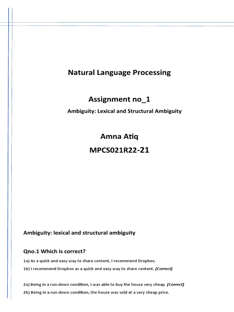 Assignment No.1 - Lexical and Structural Ambiguity - NLP | PDF | Ambiguity