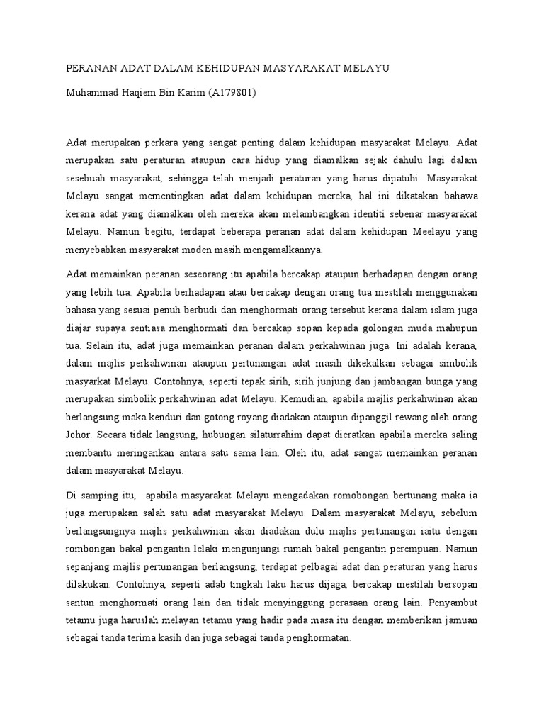 Peranan Adat Dalam Kehidupan Masyarakat Melayu | PDF