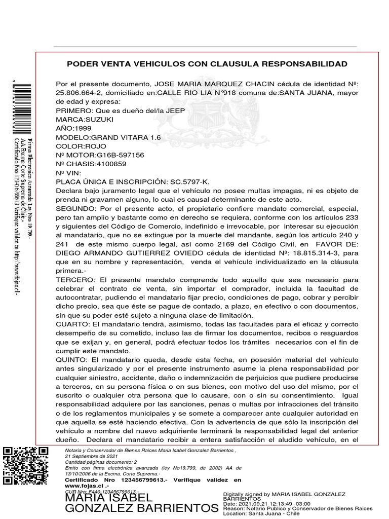 Not - Maigonzb - PODER VENTA VEHICULOS CON CLAUSULA RESPONSABILIDAD - 123456799613 | PDF ...