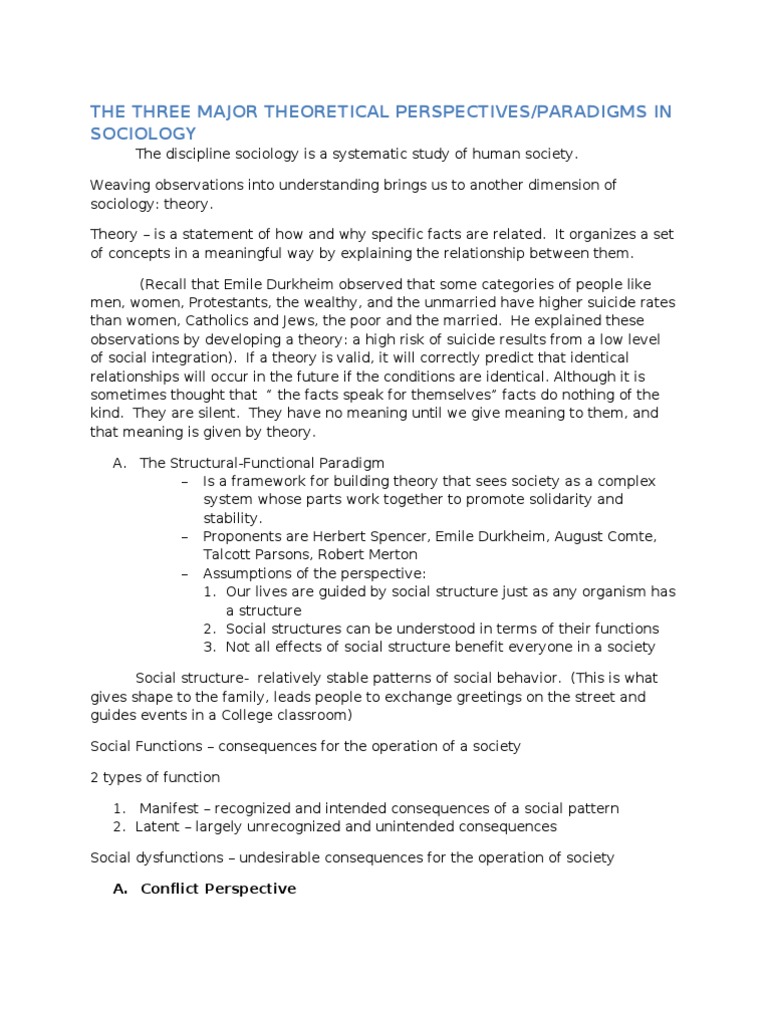 The Three Major Theoretical Perspectives | Sociology | Academia