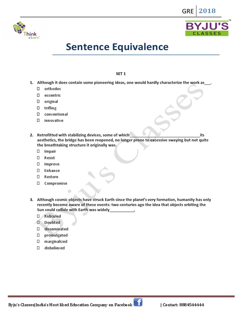 Sentence Equivalence - Apr2018 | PDF