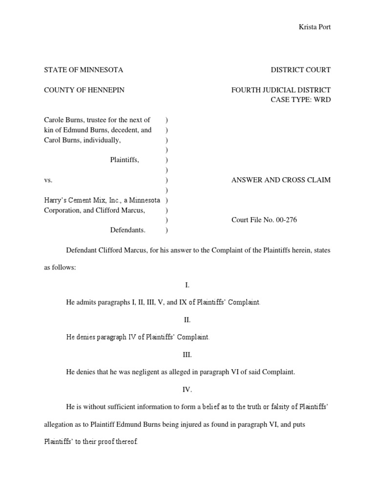 004 Answer Crossclaim ST (29-4) | PDF | Complaint | Justice