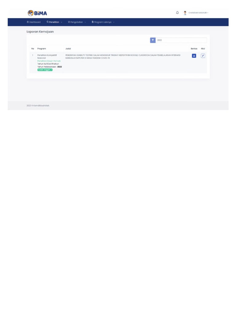 Screencapture Bima Kemdikbud Go Id Penelitian Laporan Kemajuan 2023 02 15 20 - 47 - 43 | PDF