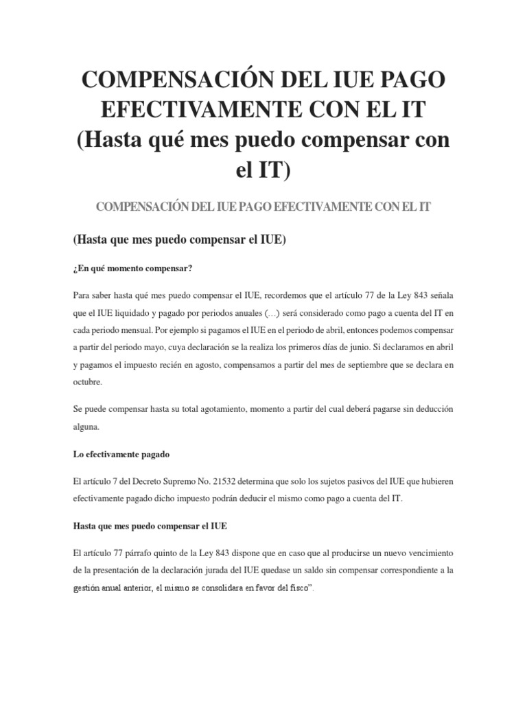 07 COMPENSACIÓN DEL IUE PAGO EFECTIVAMENTE CON EL IT | PDF | Impuestos ...