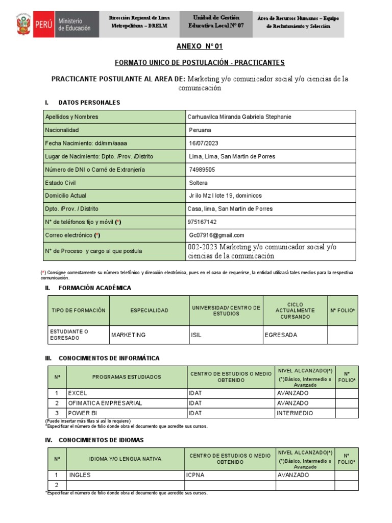 Anexo n 01 Formato Unico de Postulacion Para Practicas | PDF