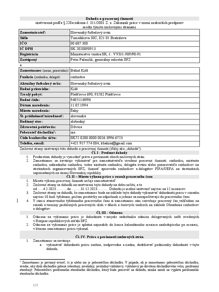 SFZ - Dohoda - o - Pracovnej - Cinnosti - 2023 - Rozhodcovia, Delegati - DOHODÁRI | PDF