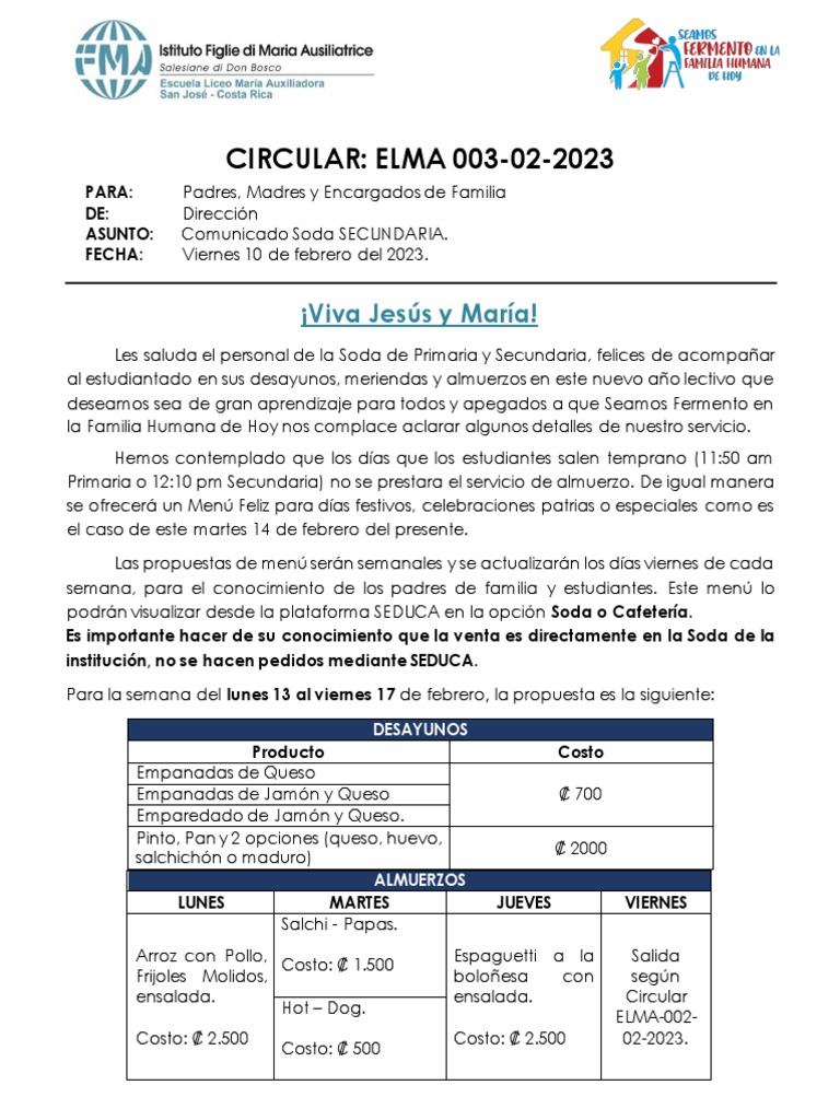 Circular Elma 003-02-2023 Comunicado Soda Secundaria | PDF | Preparación de comida y bebida ...