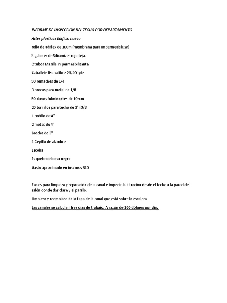 Informe de Inspección Del Techo Por Departamento | PDF