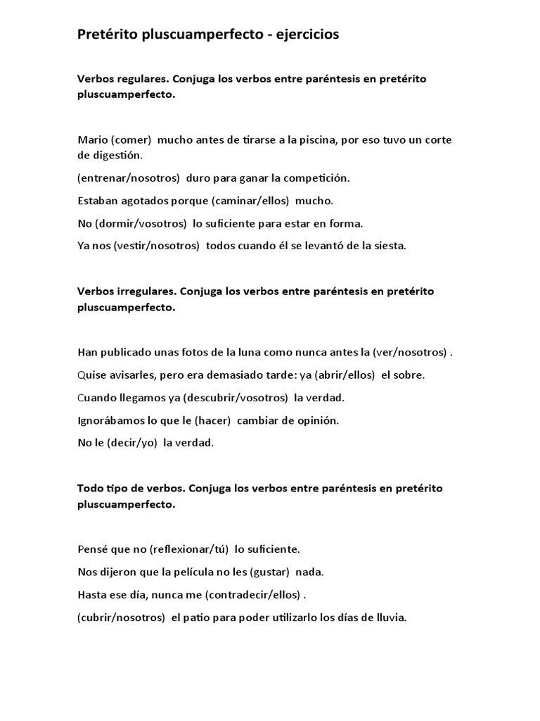 Pretérito Pluscuamperfecto Del Indicativo - Ejercicios | PDF