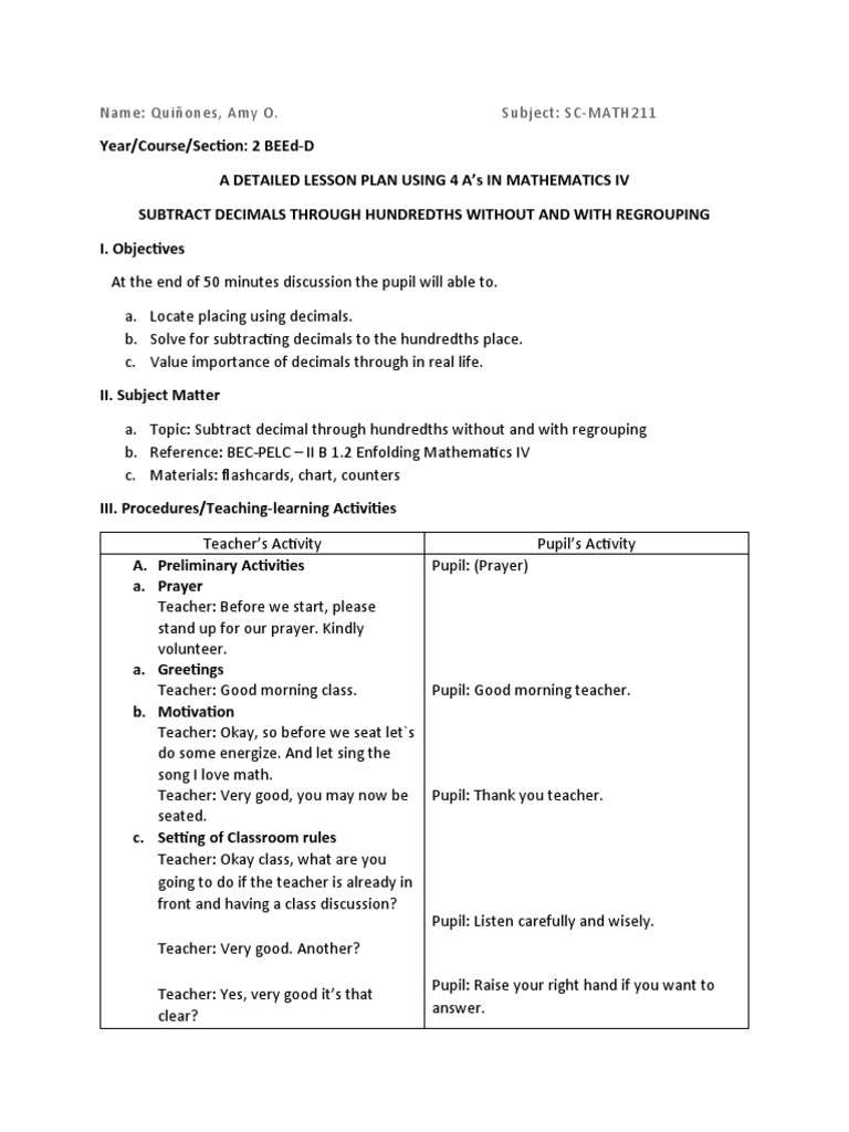 Sc-Math211 Lessonplan | PDF | Subtraction | Teachers