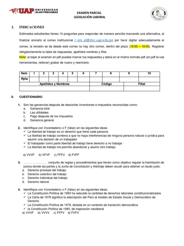 1er Examen de Legislacion Laboral | PDF | Derecho laboral | Justicia