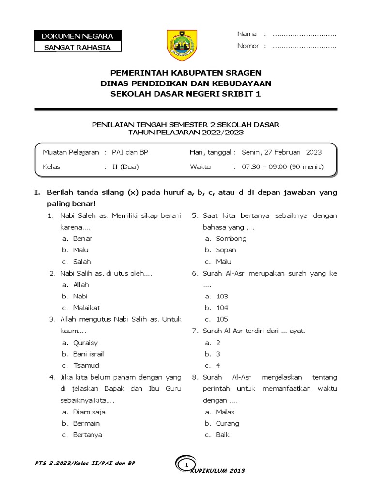 Naskah Soal PTS 2 Pai Kelas Ii TH 2023 | PDF
