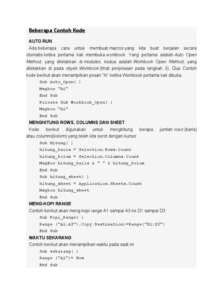 Beberapa Contoh Kode Vba Excel Pdf 