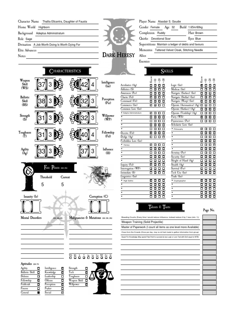 Dark Heresy Character Sheet - Highborn Administratum Character | PDF