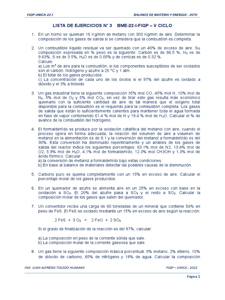 LISTA DE EJERCICIOS No. 03 - BME-22-1 | PDF | Combustión | Dióxido de carbono