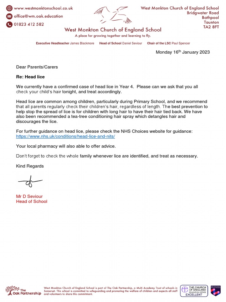 16.01.2023 Year 4 Head Lice Letter | PDF | Wellness