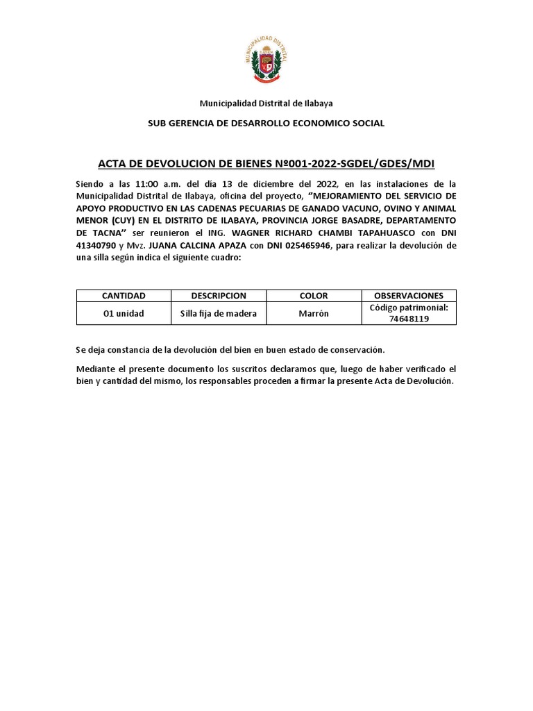 Devolución de Bienes en Ilabaya 2022 | PDF