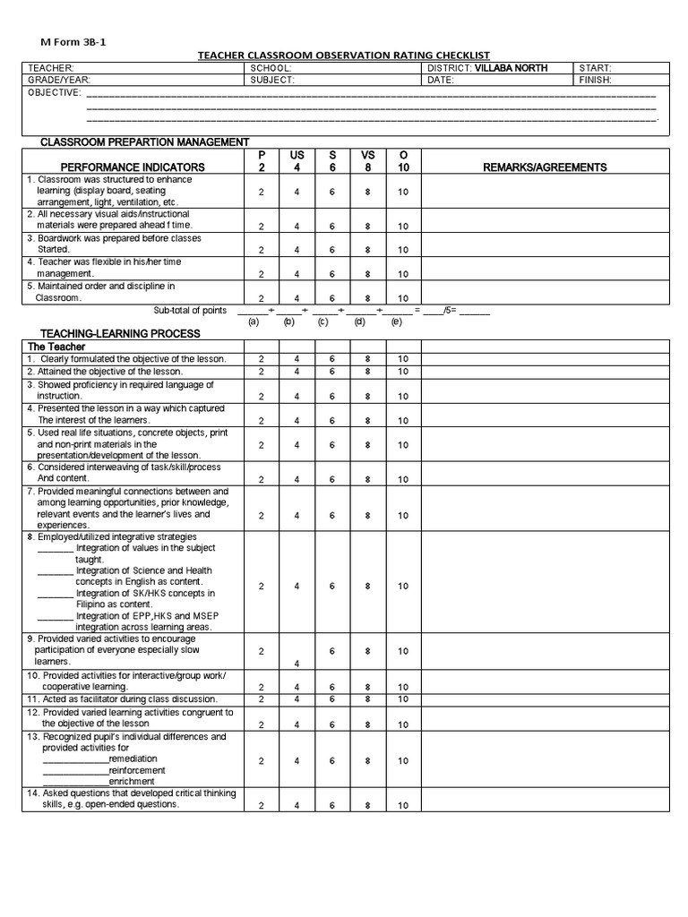 Teacher Observation Rating Checklist | PDF | Learning | Teachers