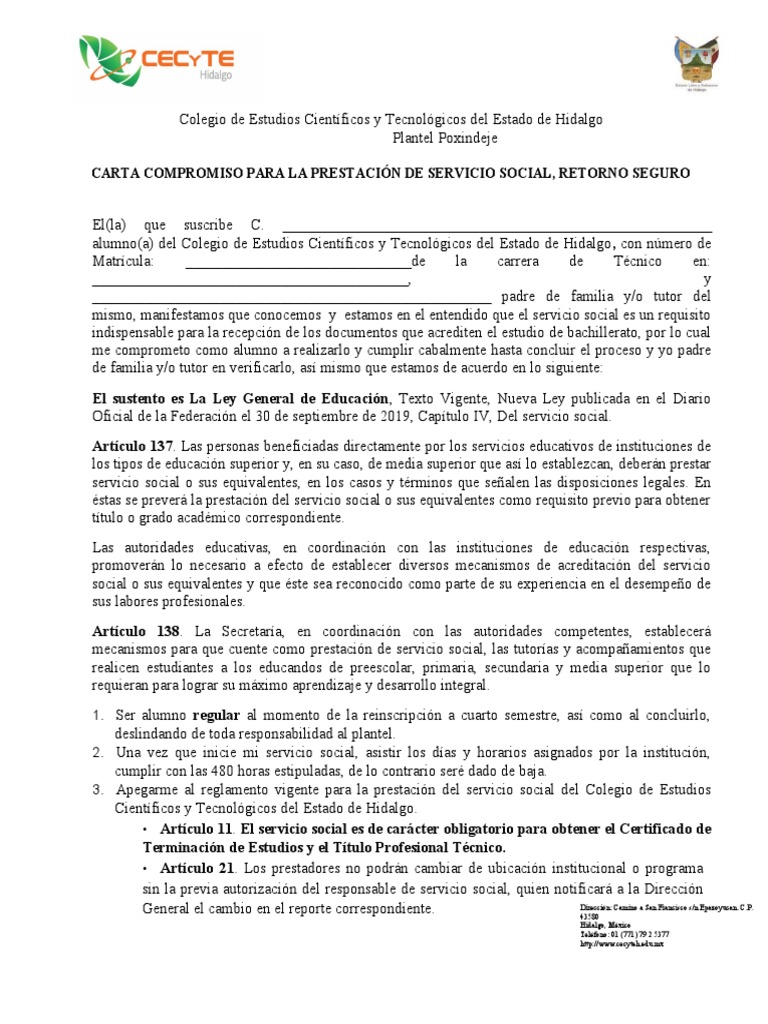 Carta de Compromiso: Servicio Social CECyTE | PDF | Titulo academico