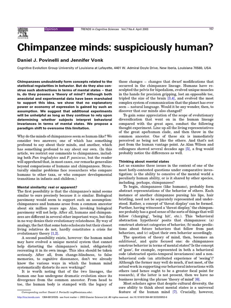 Chimpanzee Minds: Suspiciously Human?: Daniel J. Povinelli and Jennifer Vonk | PDF | Mind ...