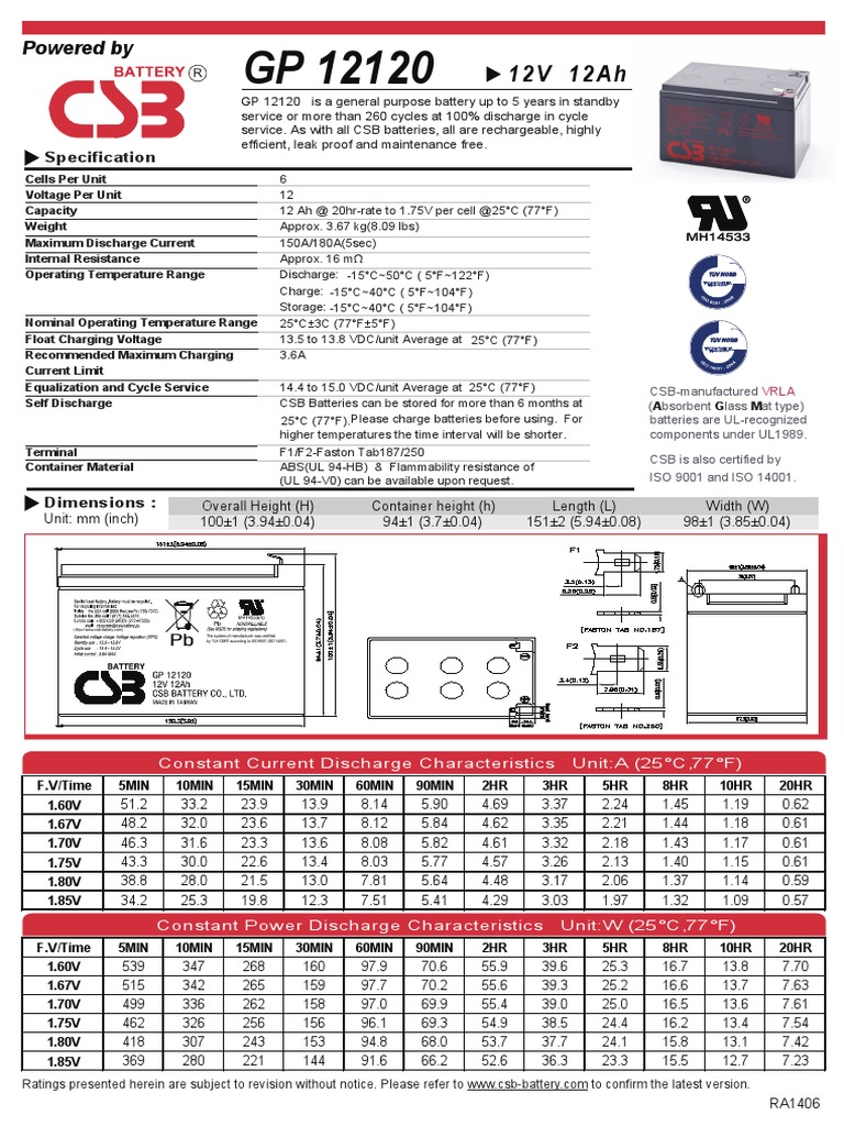 CSB GP12120 Battery Specifications | PDF | Energy Technology | Energy ...